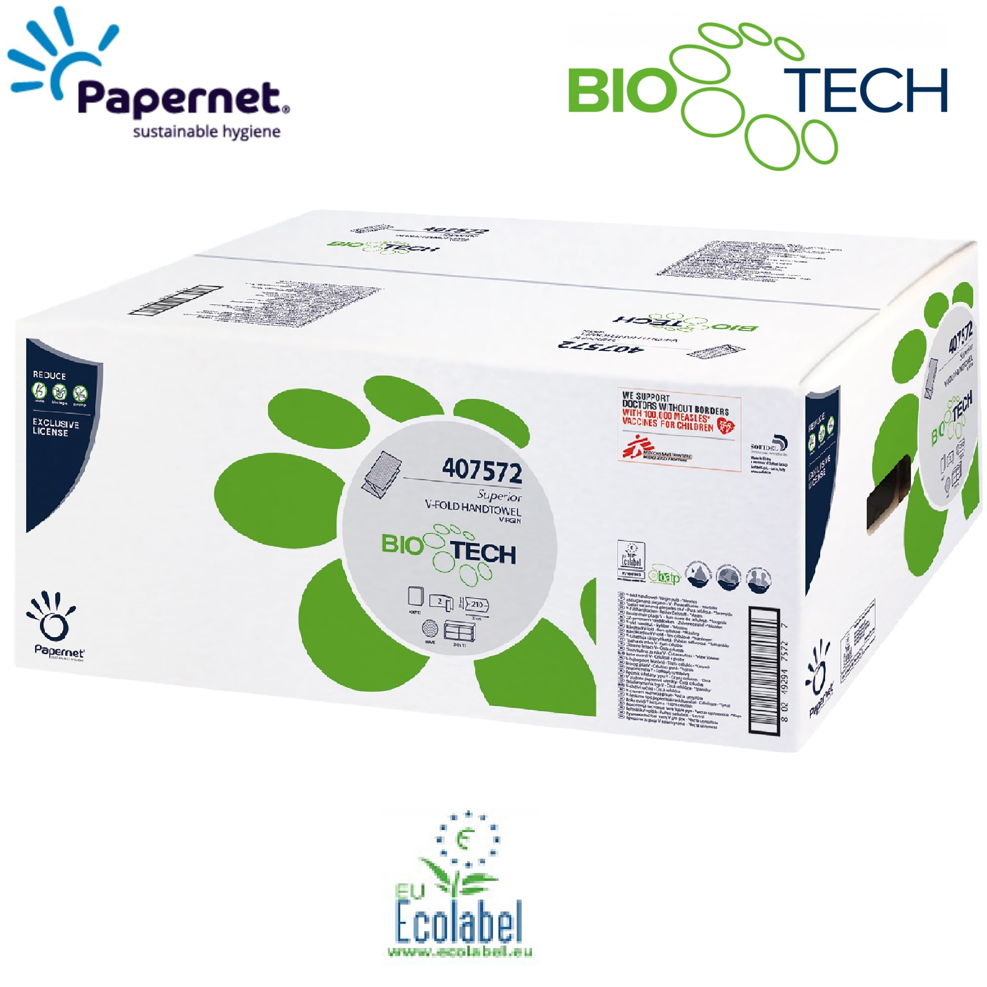 Prosoape de hartie pliate V, BioTech, Papernet 407572, celuloza pura, alb, 2 straturi, 21x22cm ...