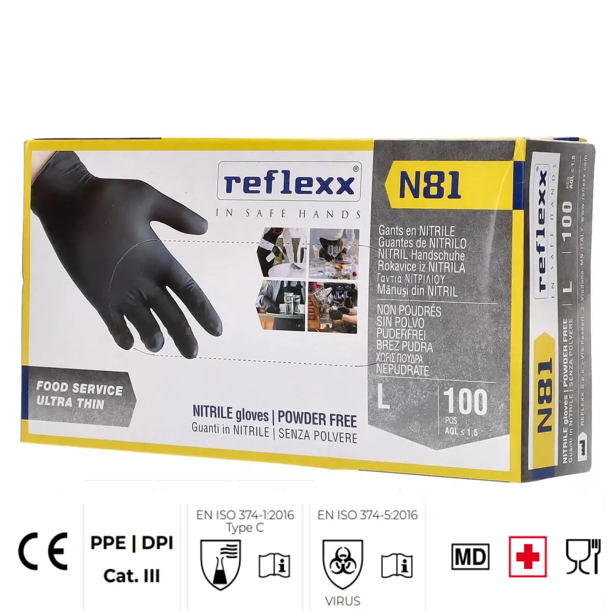 Manusi nitril negre, Reflexx N81, nepudrate, grosime 0.06 mm,100 buc / cutie, pentru HoReCa ...